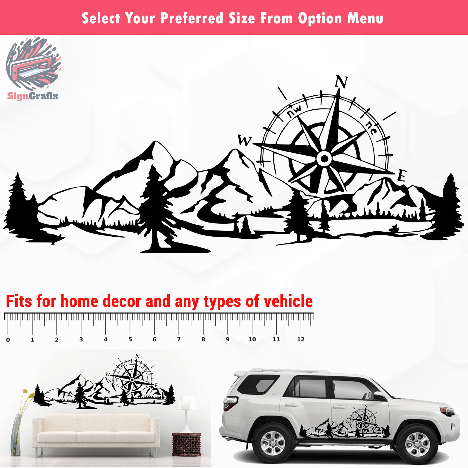 Compass Vinyl Decal Mountain Illustration Compass Vinyl Decal for RV ...