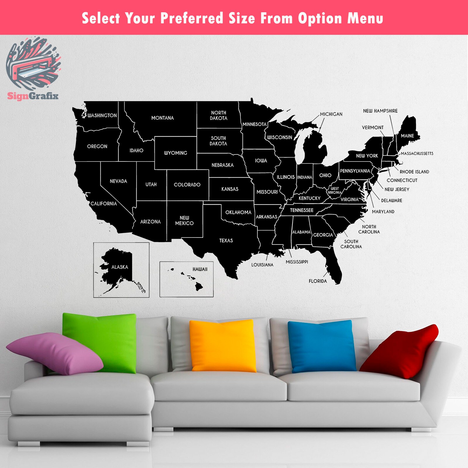 United States of America Map Vinyl Decal All States Map Decal United ...