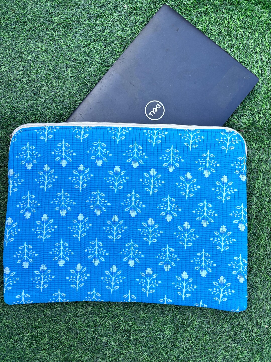 Quilted Laptop Sleeve | Blue Block Print Laptop Zip Bag | Handmade ...