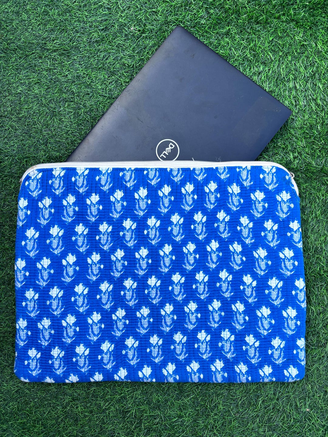 Quilted Laptop Sleeve | Blue Block Print Laptop Zip Bag | Handmade ...