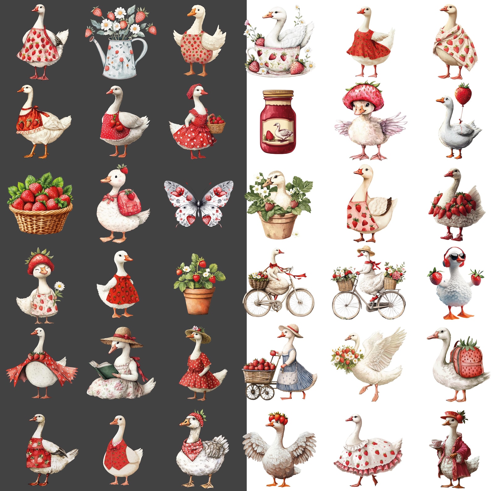 Strawberry Goose Clipart Bundle: Watercolor PNG Illustrations (digital ...