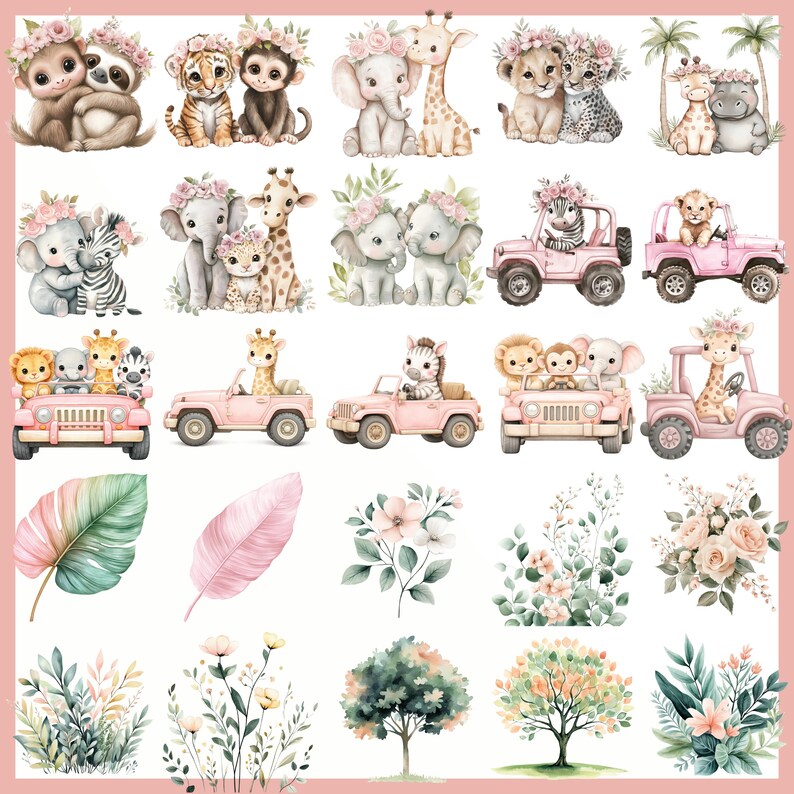 Pink Safari Animals Clipart Bundle, Watercolor Baby Jungle PNG, Floral ...