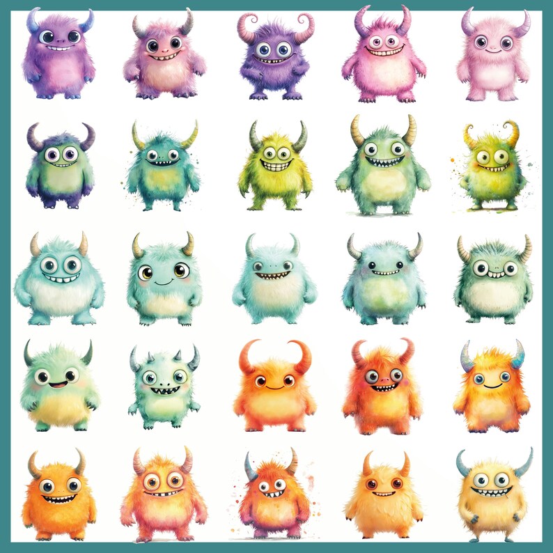 Kawaii Monster Clipart Bundle, Colorful Cartoon PNG Set (108 Files) - Etsy