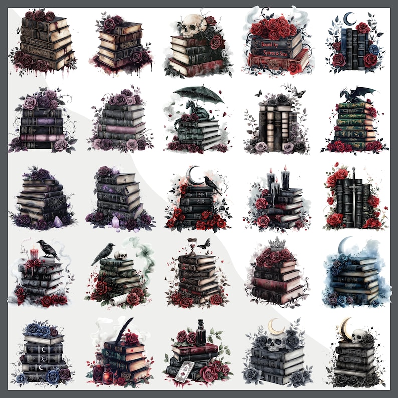 Gothic Book Stack Clipart | Moody Witch Library Pngs (digital Download ...