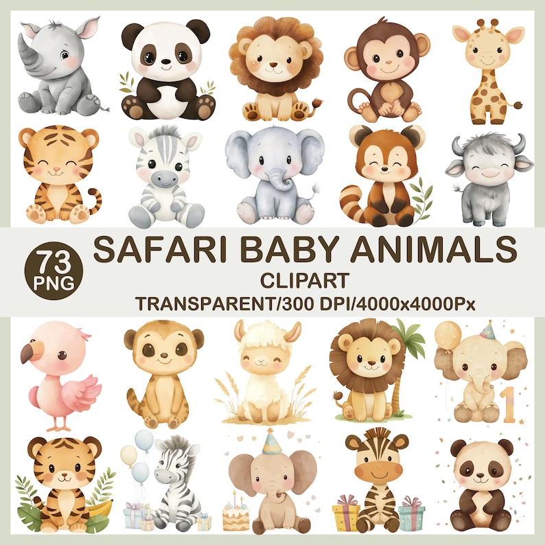 Watercolor Safari Baby Animals Clipart – 73 PNG Nursery Graphics ...