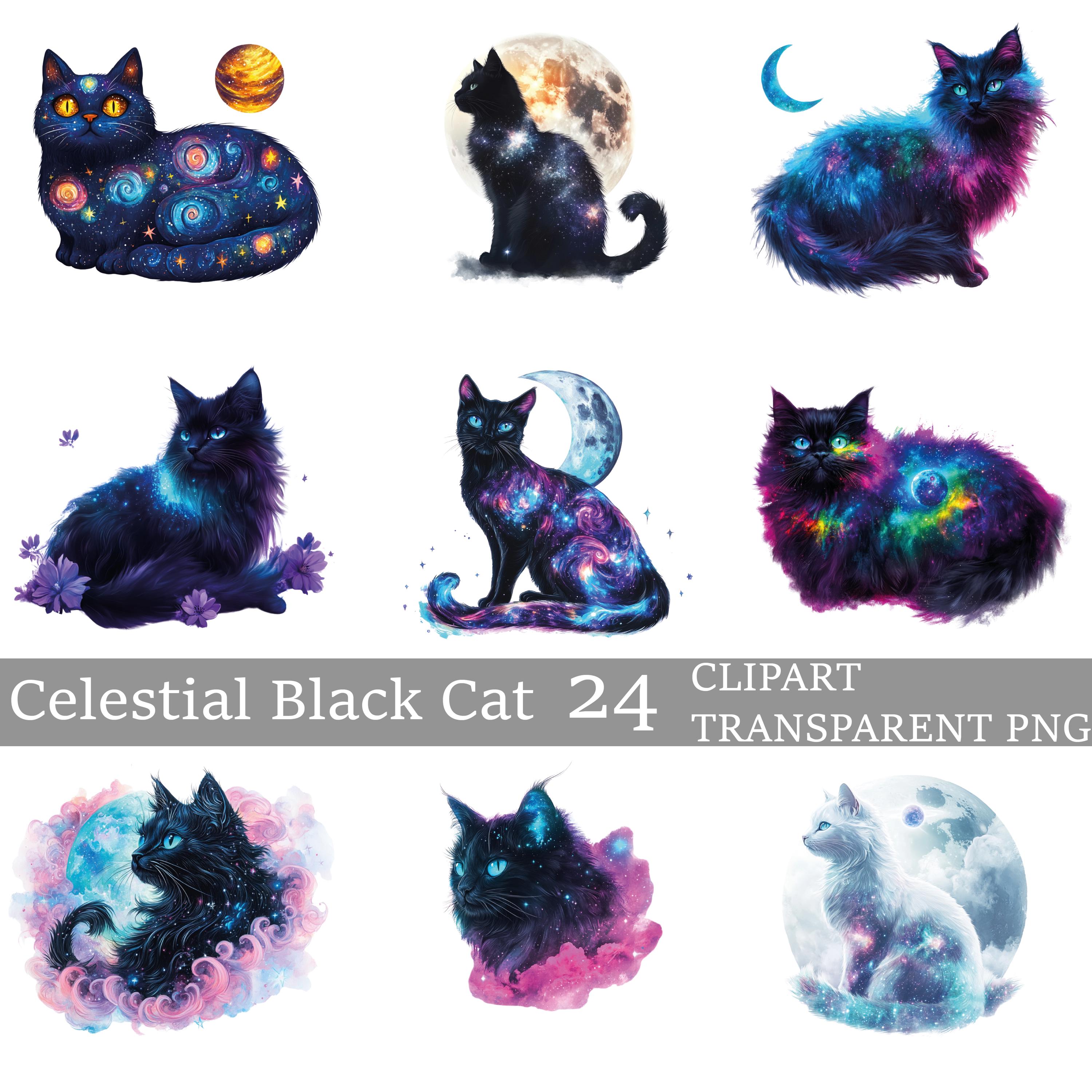 Celestial Black Cat Clipart Bundle, Galaxy Cat PNG, Cosmic Cats ...