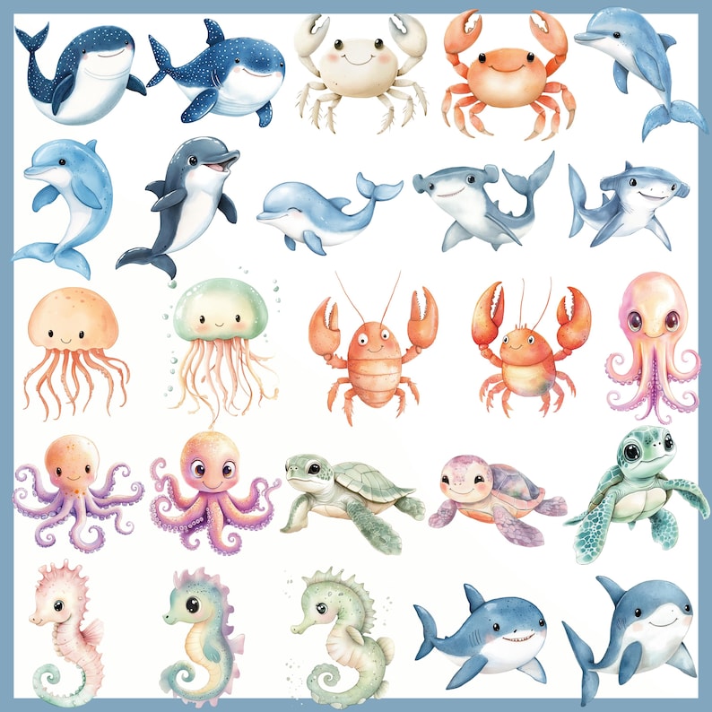 Under the Sea Clipart Bundle, Watercolor Ocean Animals PNG Set (digital ...