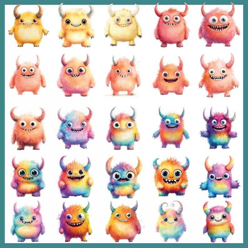 Kawaii Monster Clipart Bundle, Colorful Cartoon PNG Set (108 Files) - Etsy