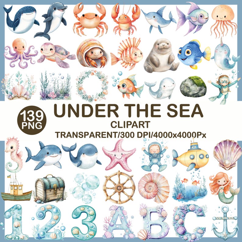 Under the Sea Clipart Bundle, Watercolor Ocean Animals PNG Set (digital ...