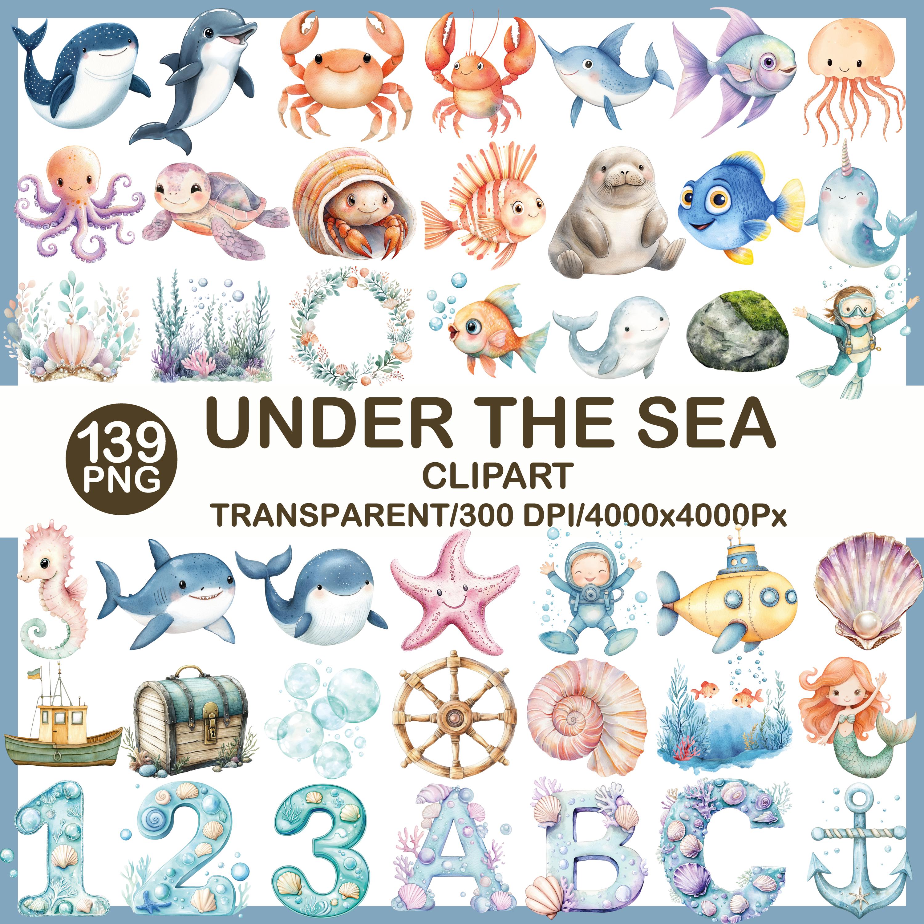 Under the Sea Clipart Bundle, Watercolor Ocean Animals PNG Set (digital ...