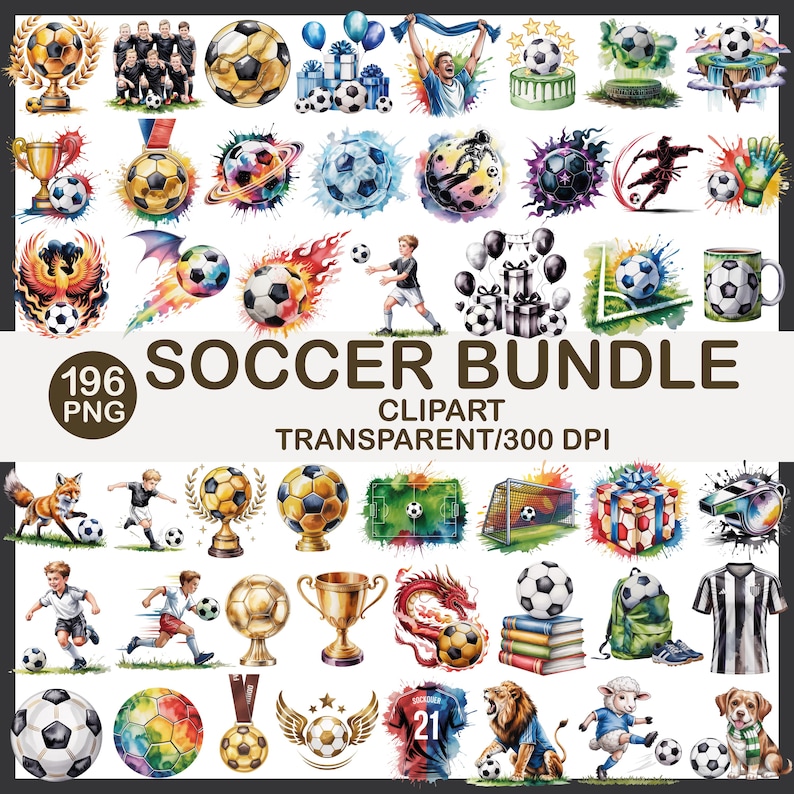 Watercolor Soccer Clipart Bundle: Sports PNG Art (196 Files) (digital ...