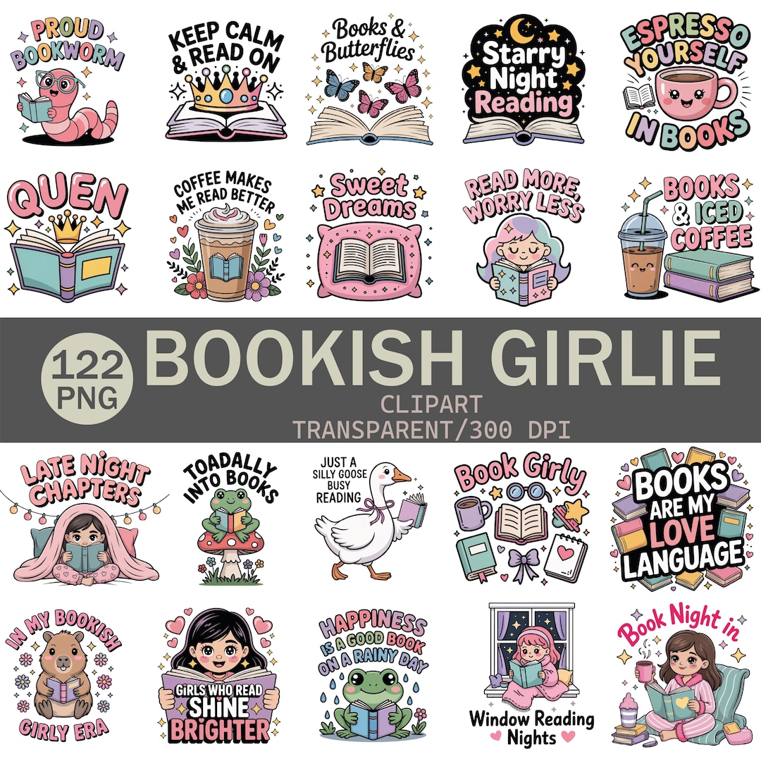 Book Lover Clipart Bundle: Cozy Reading Quotes, Bookish Girl Designs ...