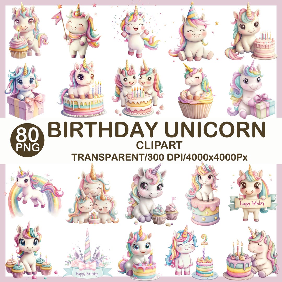 Birthday Unicorn Clipart | Pastel Rainbow Party PNG Set (digital ...