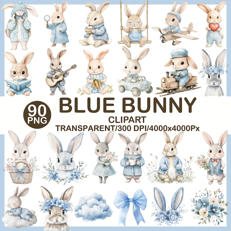 Blue Bunny Watercolor Clipart Bundle, Pastel Baby Boy PNG Illustrations ...