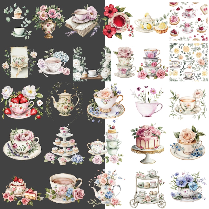 Floral Tea Party Clipart Set: Vintage Teacups & Teapots (PNG, 300 DPI ...