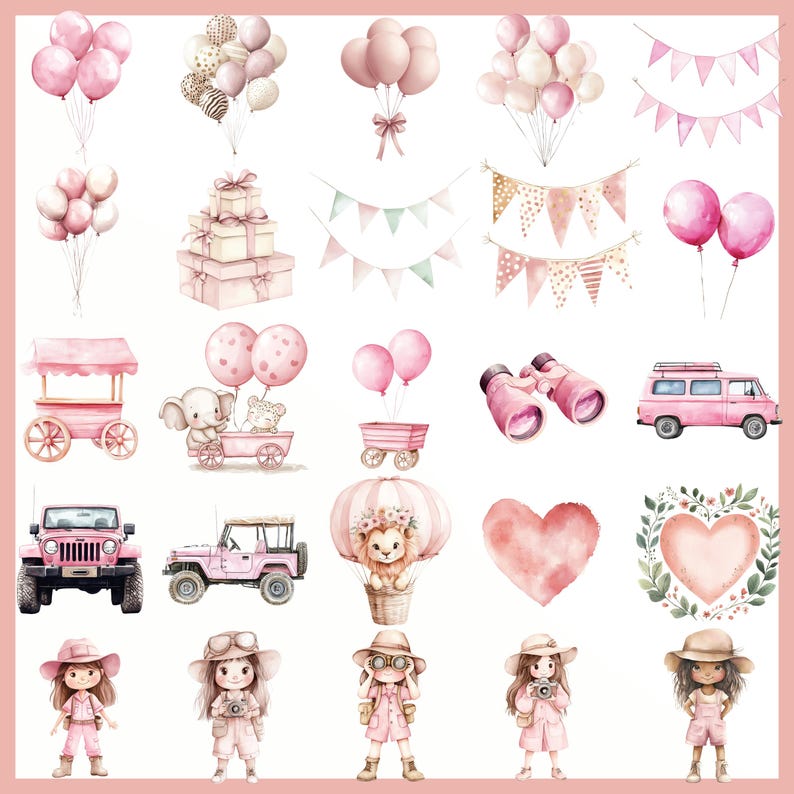 Pink Safari Animals Clipart Bundle, Watercolor Baby Jungle PNG, Floral ...