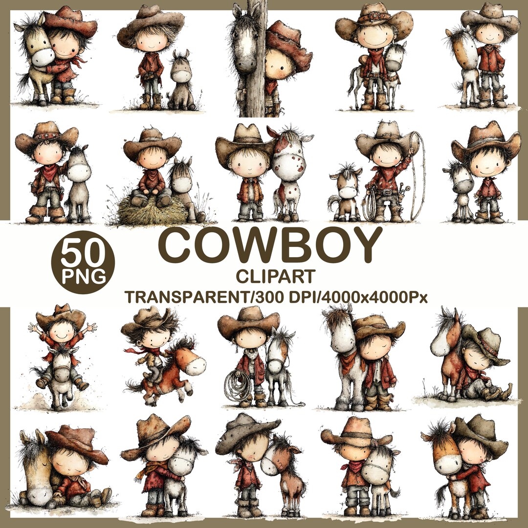 Cowboy Clipart Bundle, Watercolor Western Kids Graphics, Little Cowboy ...