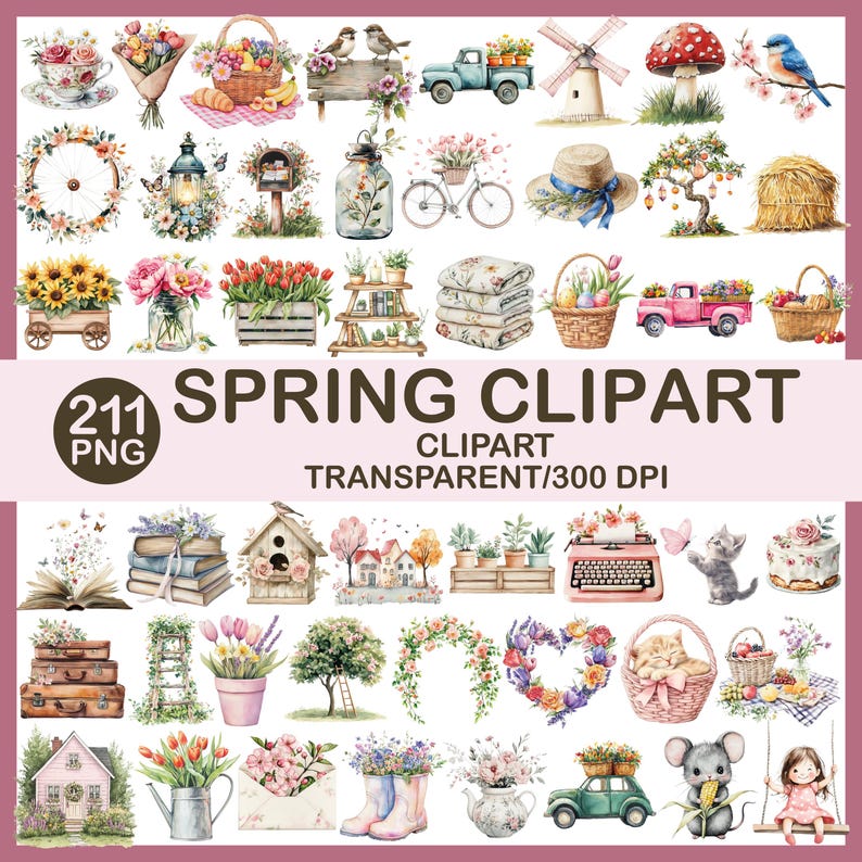 Watercolor Spring Clipart Bundle: Floral, Easter PNG (digital Download ...