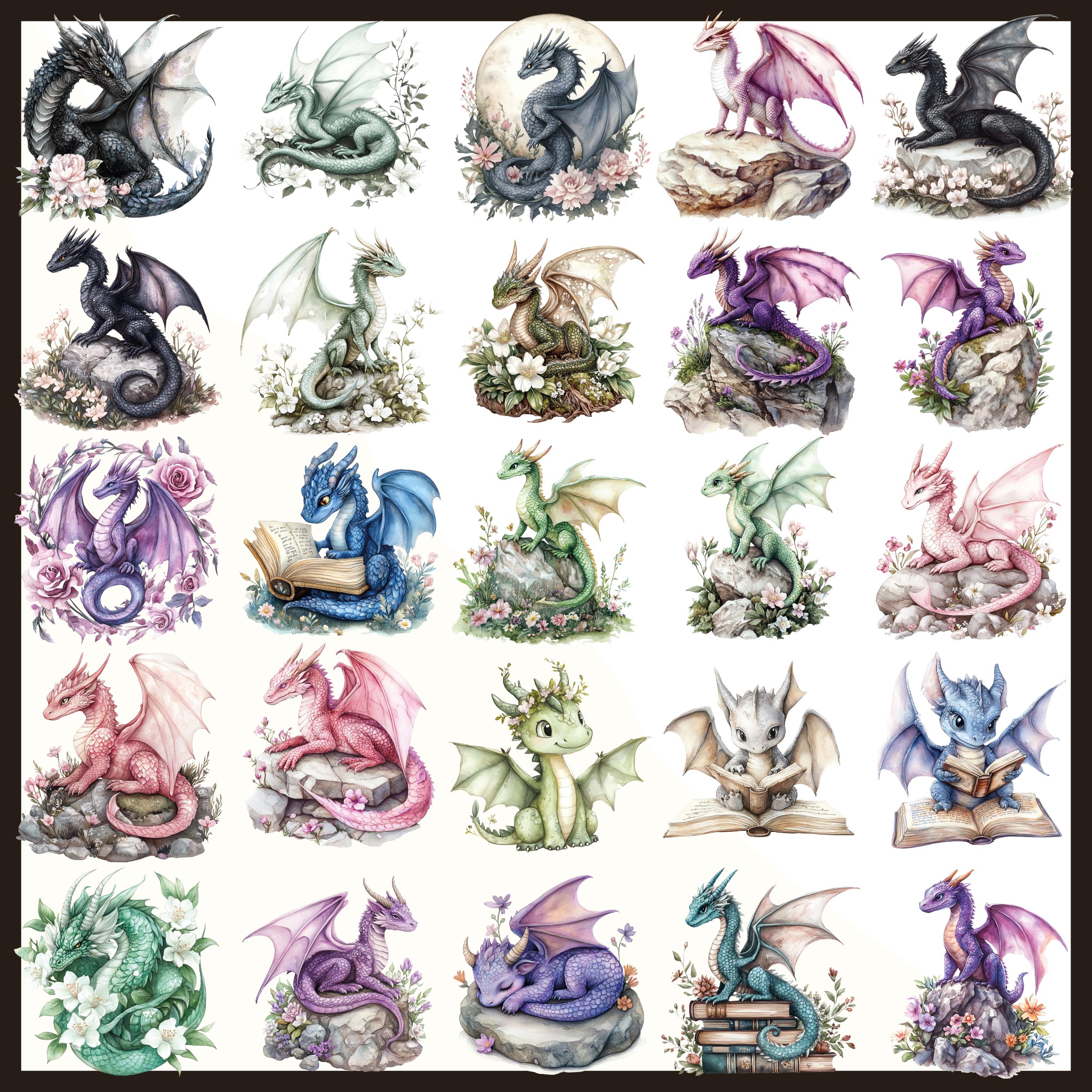 Fantasy Dragon Clipart Bundle, Watercolor PNG Set, Magical Creatures ...