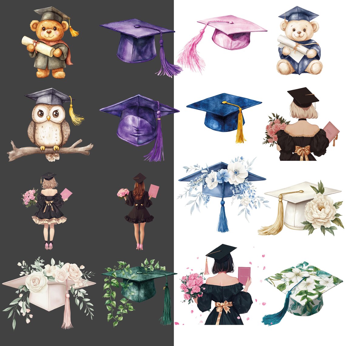 Graduation Clipart Bundle | 64 Watercolor Senior Girl PNG | Cap and ...