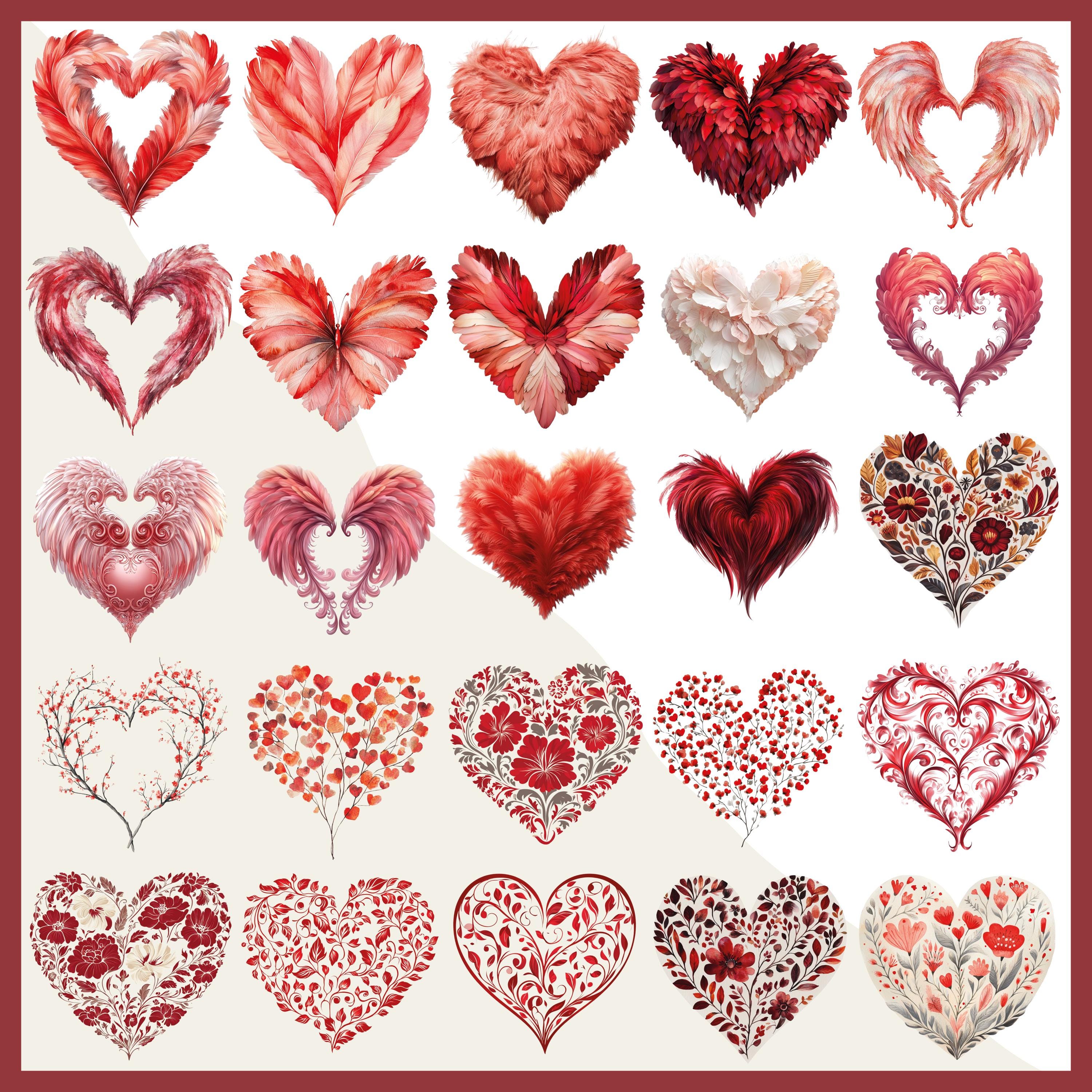 Red Hearts Clipart Bundle, Floral Watercolor Heart Stickers (201 PNG ...