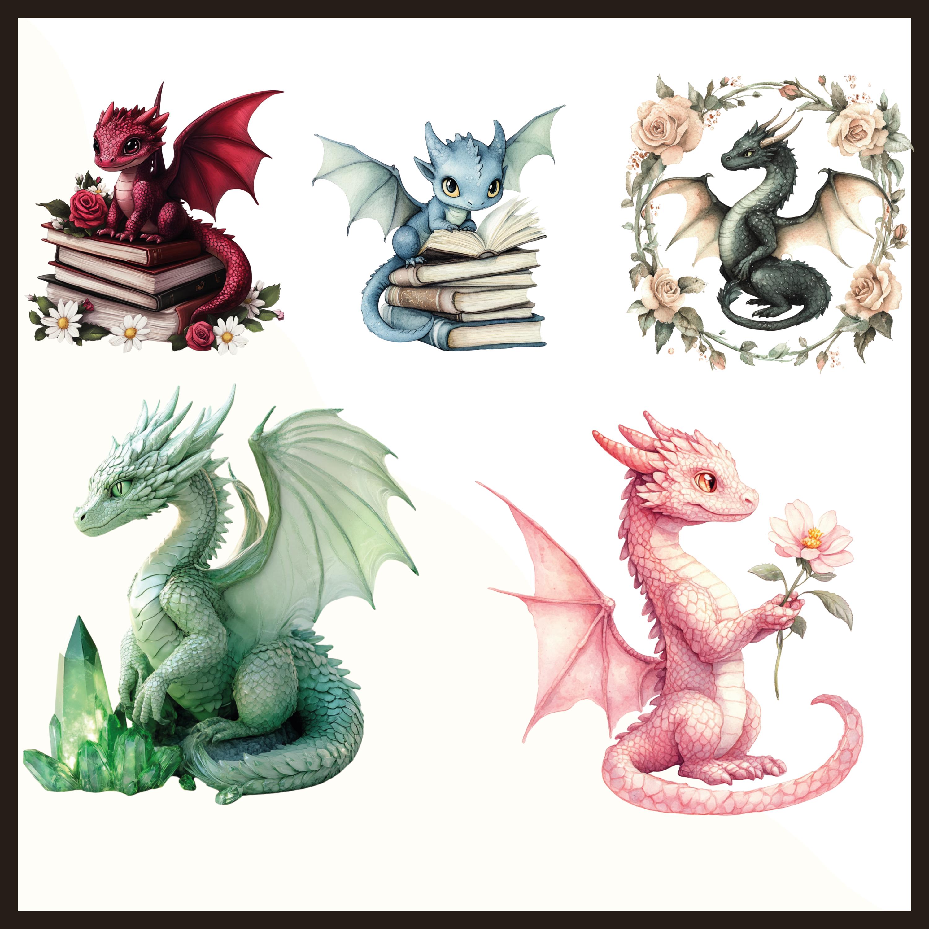 Fantasy Dragon Clipart Bundle, Watercolor PNG Set, Magical Creatures ...
