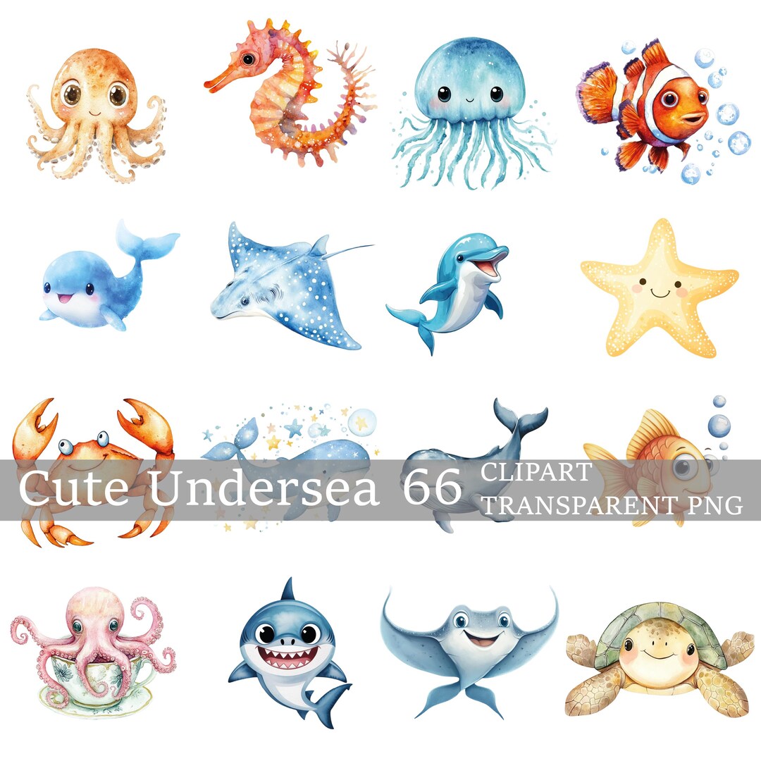 Cute Undersea Animals Clipart Bundle - 66 PNG, Transparent Background ...