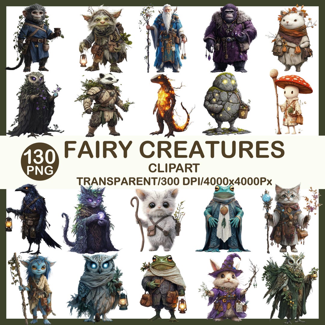 Fairy Creatures Clipart Bundle, 130 Fantasy PNG, Mystic Forest Animals ...