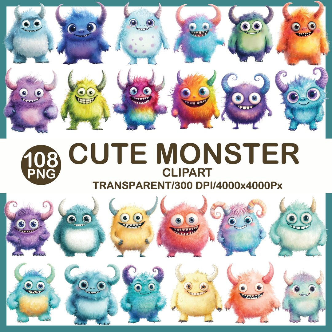 Kawaii Monster Clipart Bundle, Colorful Cartoon PNG Set (108 Files) - Etsy