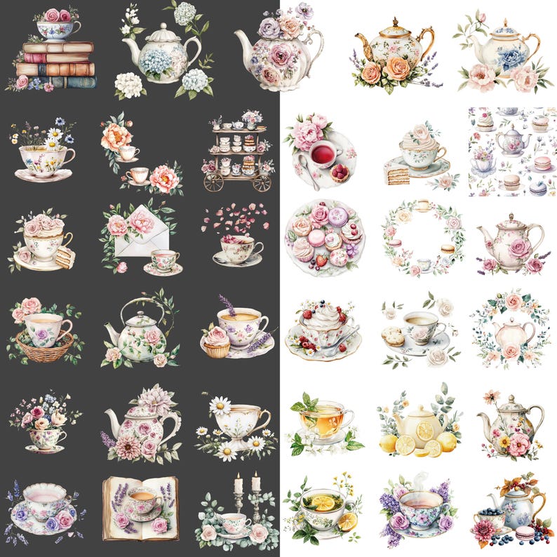 Floral Tea Party Clipart Set: Vintage Teacups & Teapots (PNG, 300 DPI ...