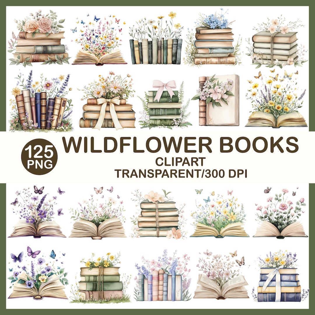 Wildflower Books Watercolor Clipart Bundle, Cottagecore Book Stack (125 ...