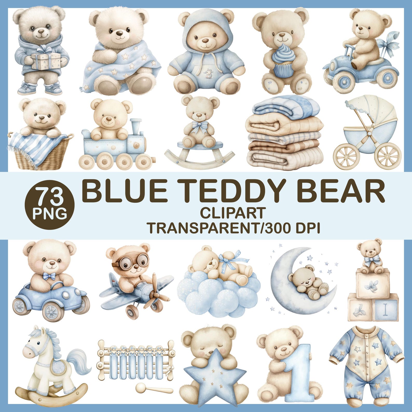 Blue Teddy Bear Clipart Bundle | Baby Boy Nursery PNG (73 Files) - Etsy