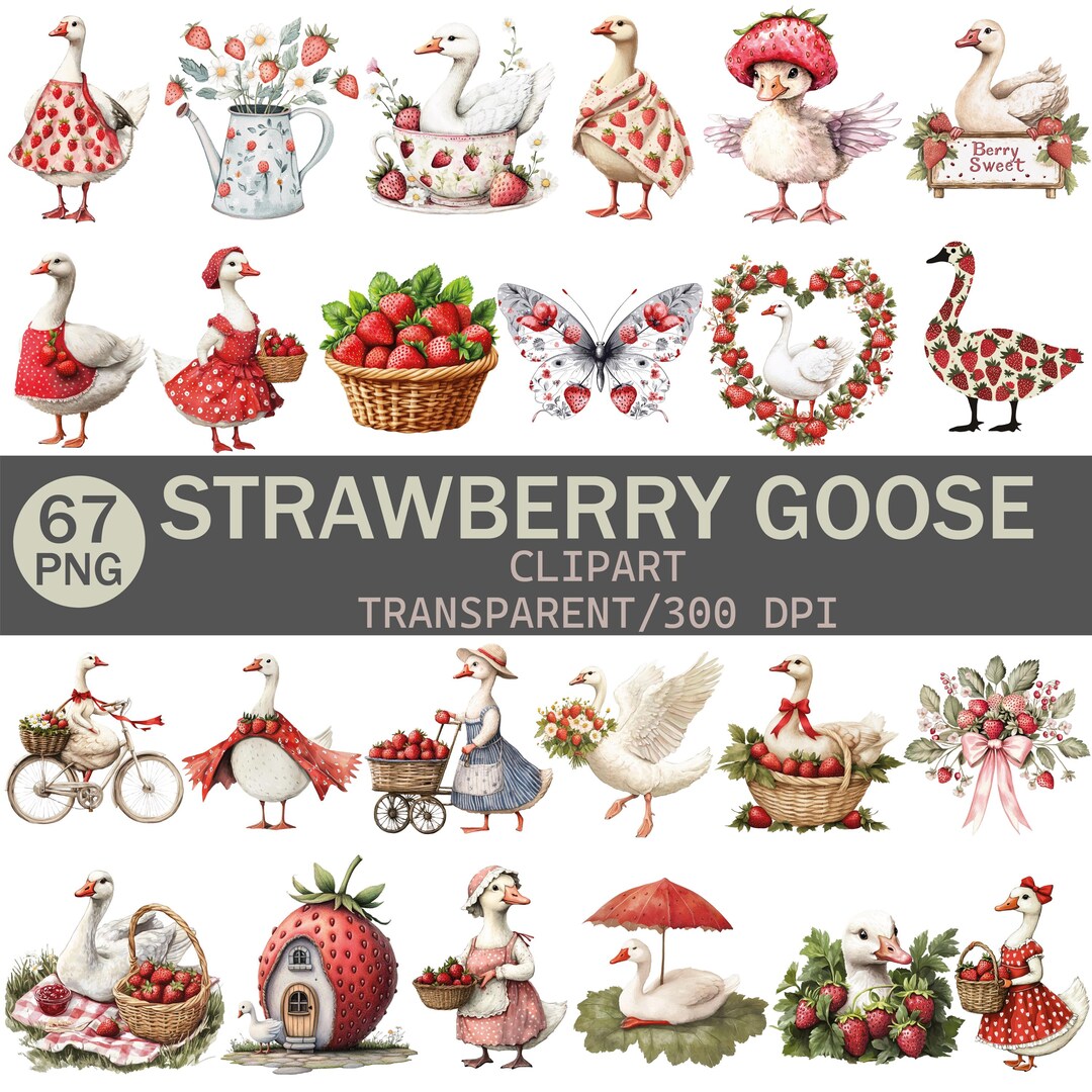 Strawberry Goose Clipart Bundle: Watercolor PNG Illustrations (digital ...