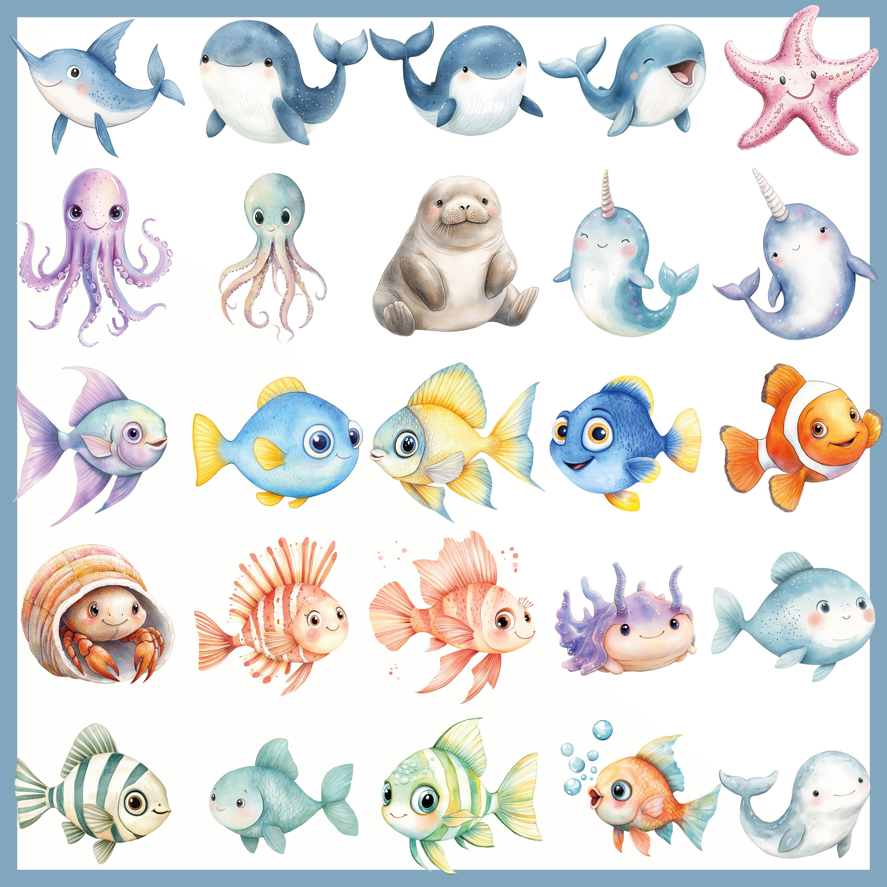 Under the Sea Clipart Bundle, Watercolor Ocean Animals PNG Set (digital ...