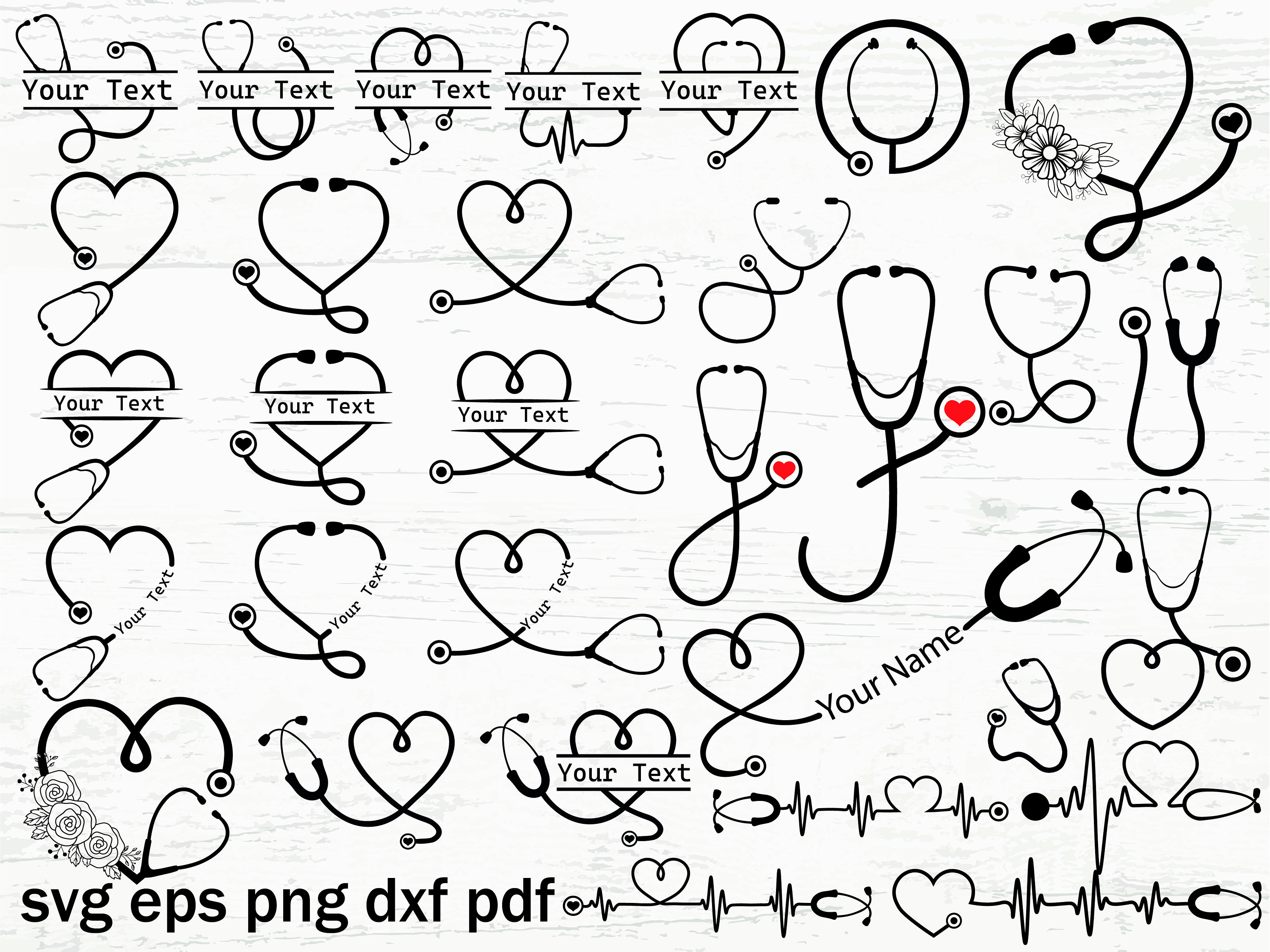Stethoscope Split Monogram SVG: Floral Heartbeat Nurse Designs (digital ...