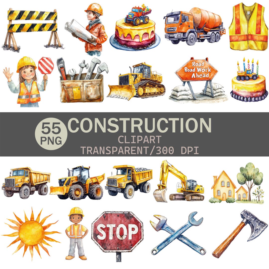 Watercolor Construction Clipart Bundle – 55 PNG Builder Kids, Trucks ...