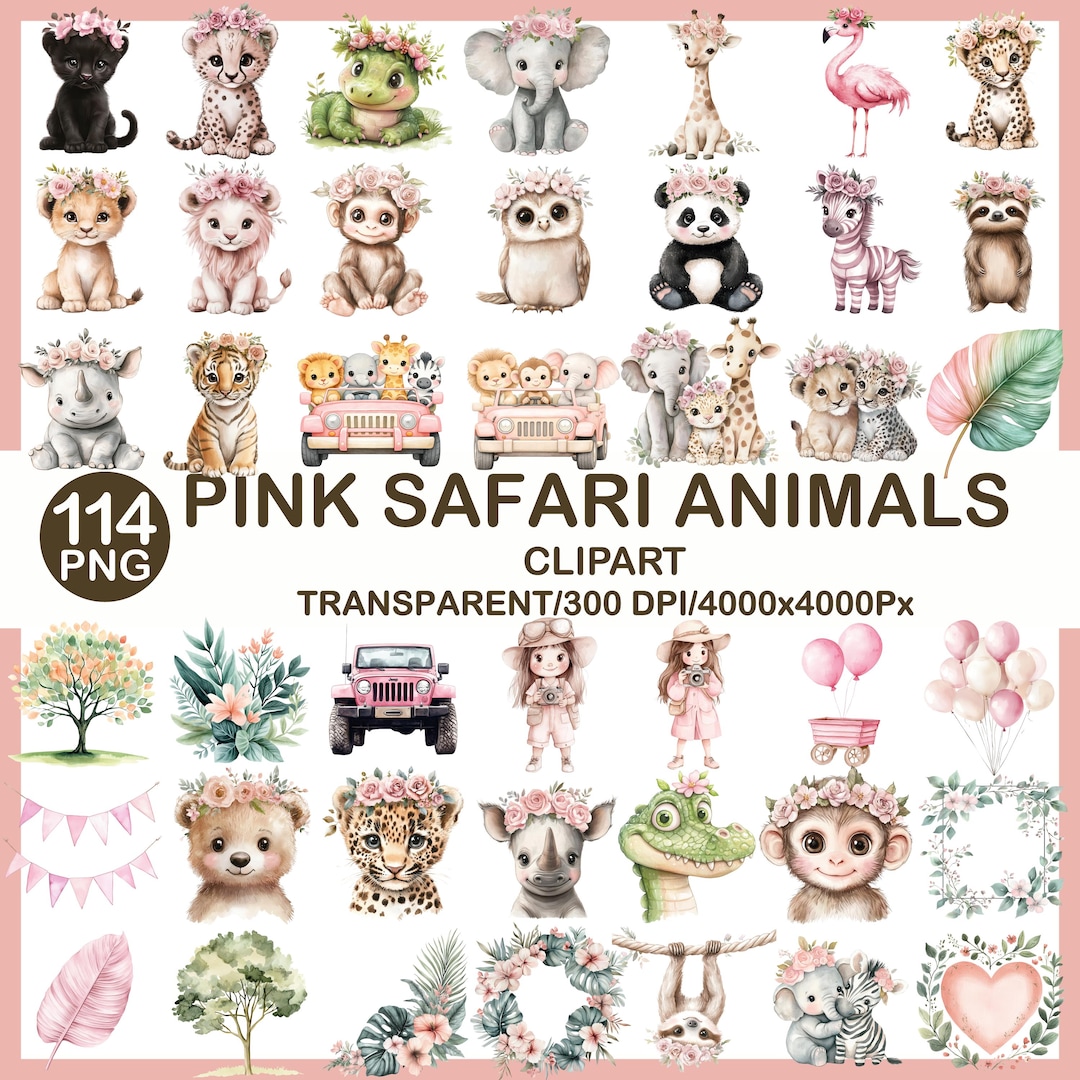 Pink Safari Animals Clipart Bundle, Watercolor Baby Jungle PNG, Floral ...