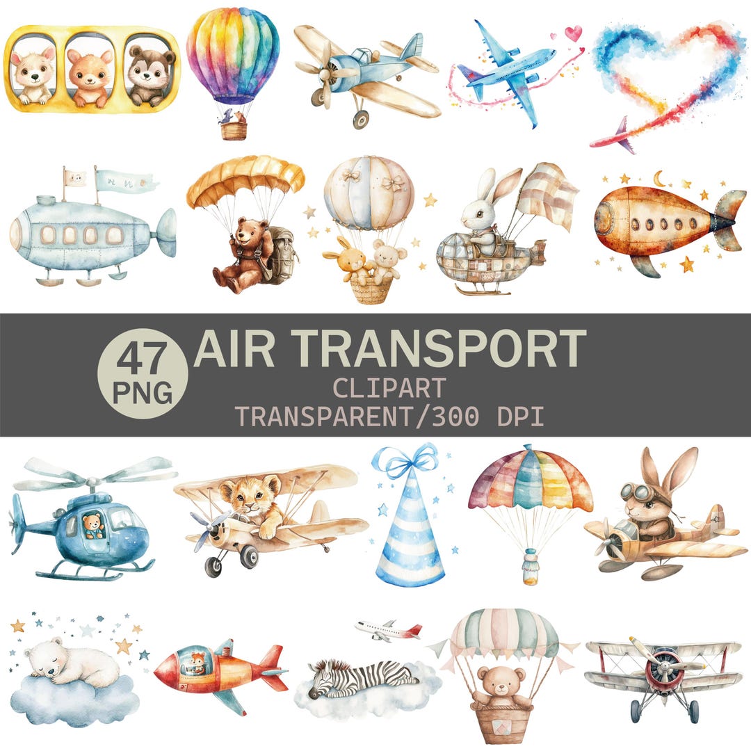 Watercolor Air Transport Clipart – 47 Cute Baby Aviation Pngs for Kids ...