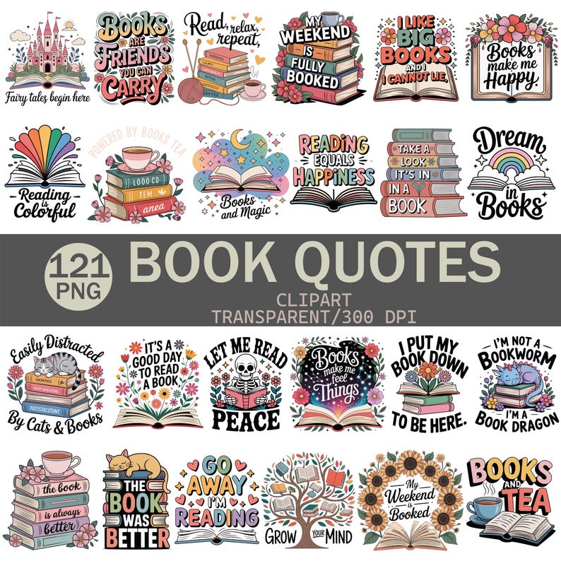 Book Quotes Clipart Bundle: 121 PNG Reading Stickers (commercial Use ...