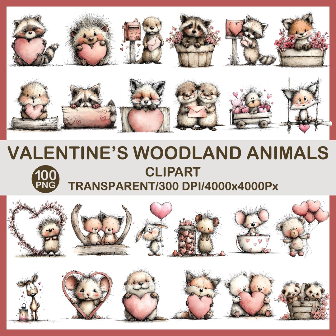 Valentines Woodland Animals Clipart PNG | 100 Cute Valentine Forest ...