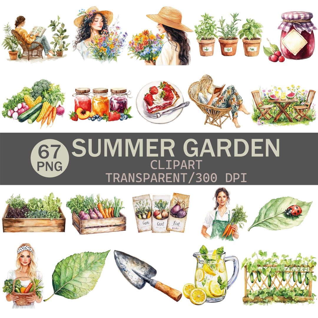 Summer Garden Clipart Bundle - 67 PNG Watercolor Garden Elements - Etsy