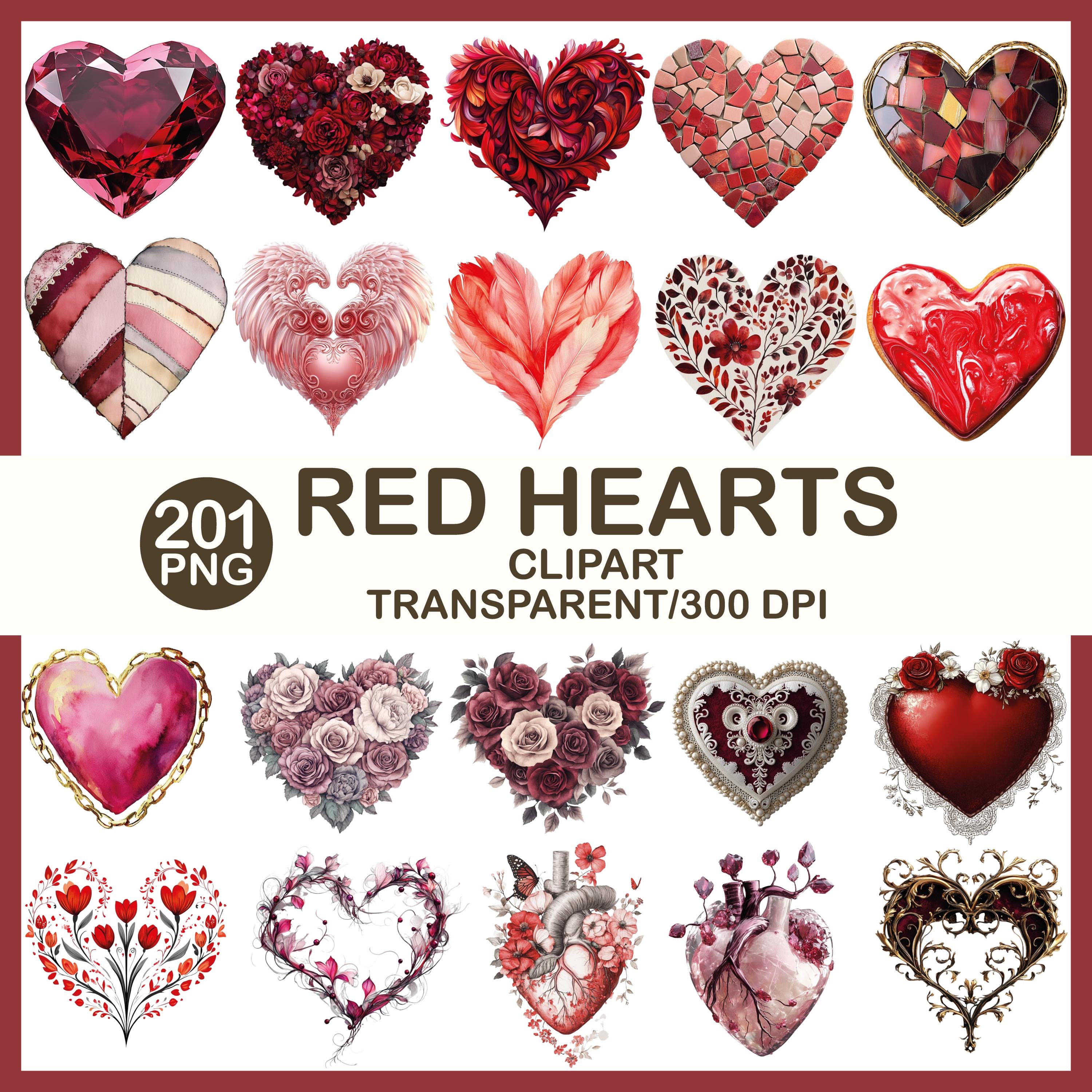 Red Hearts Clipart Bundle, Floral Watercolor Heart Stickers (201 PNG ...