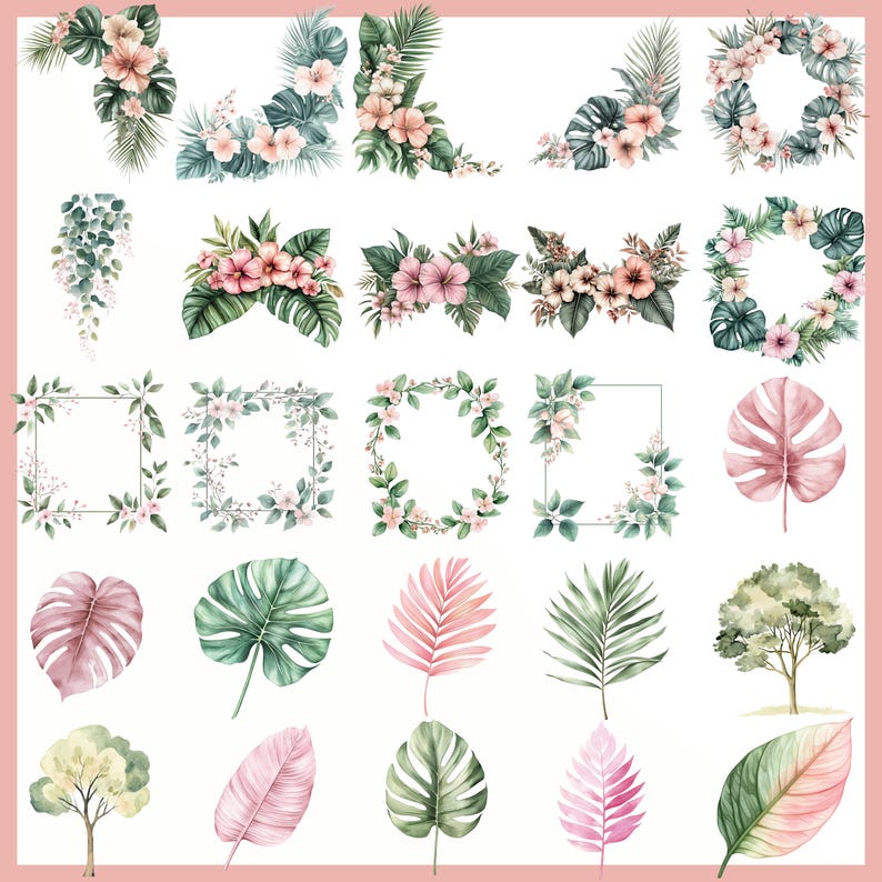 Pink Safari Animals Clipart Bundle, Watercolor Baby Jungle PNG, Floral ...