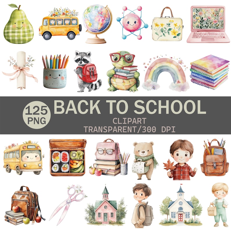 Back to School Clipart Mega Pack: 125 School Illustrations (PNG Digital ...
