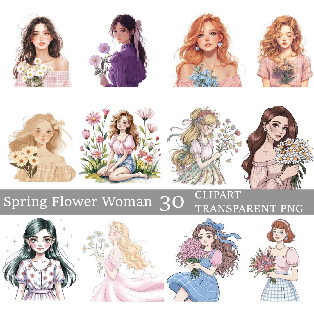 Spring Flower Woman Clipart Bundle – 30 PNG Pastel Girl Illustrations ...