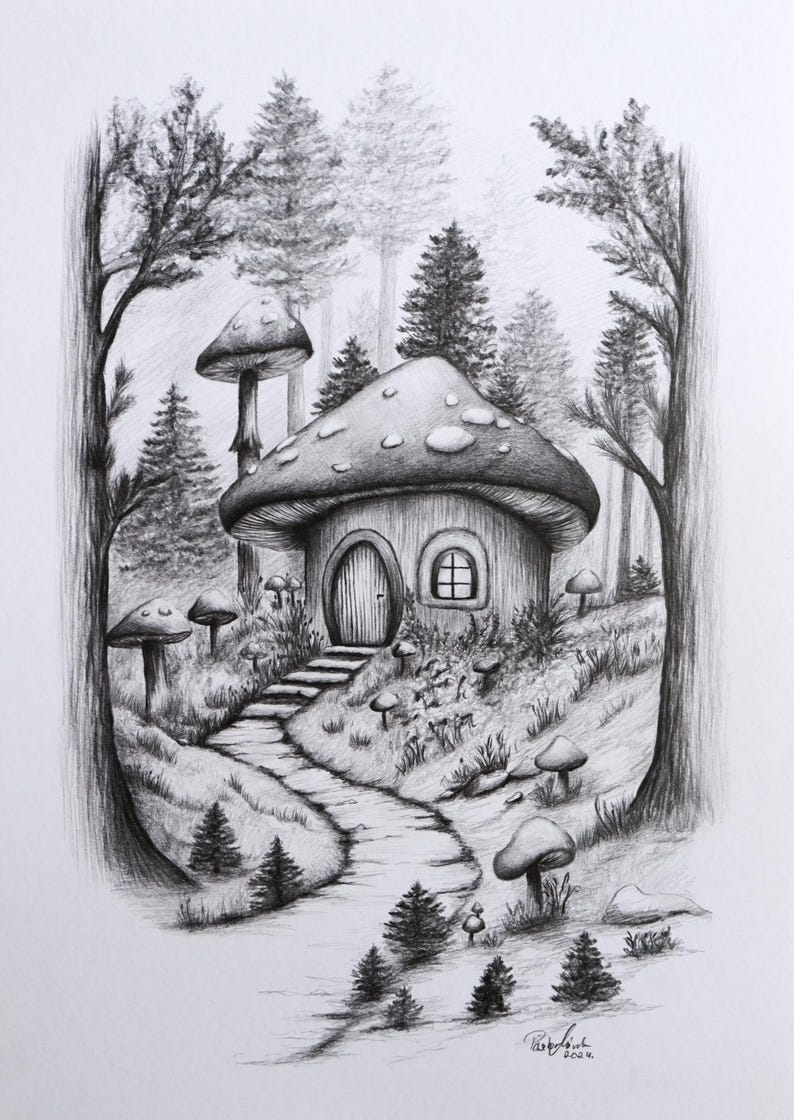 ORIGINAL Mushroom House Drawing in Magical Forest, Hand Drawn Graphite ...
