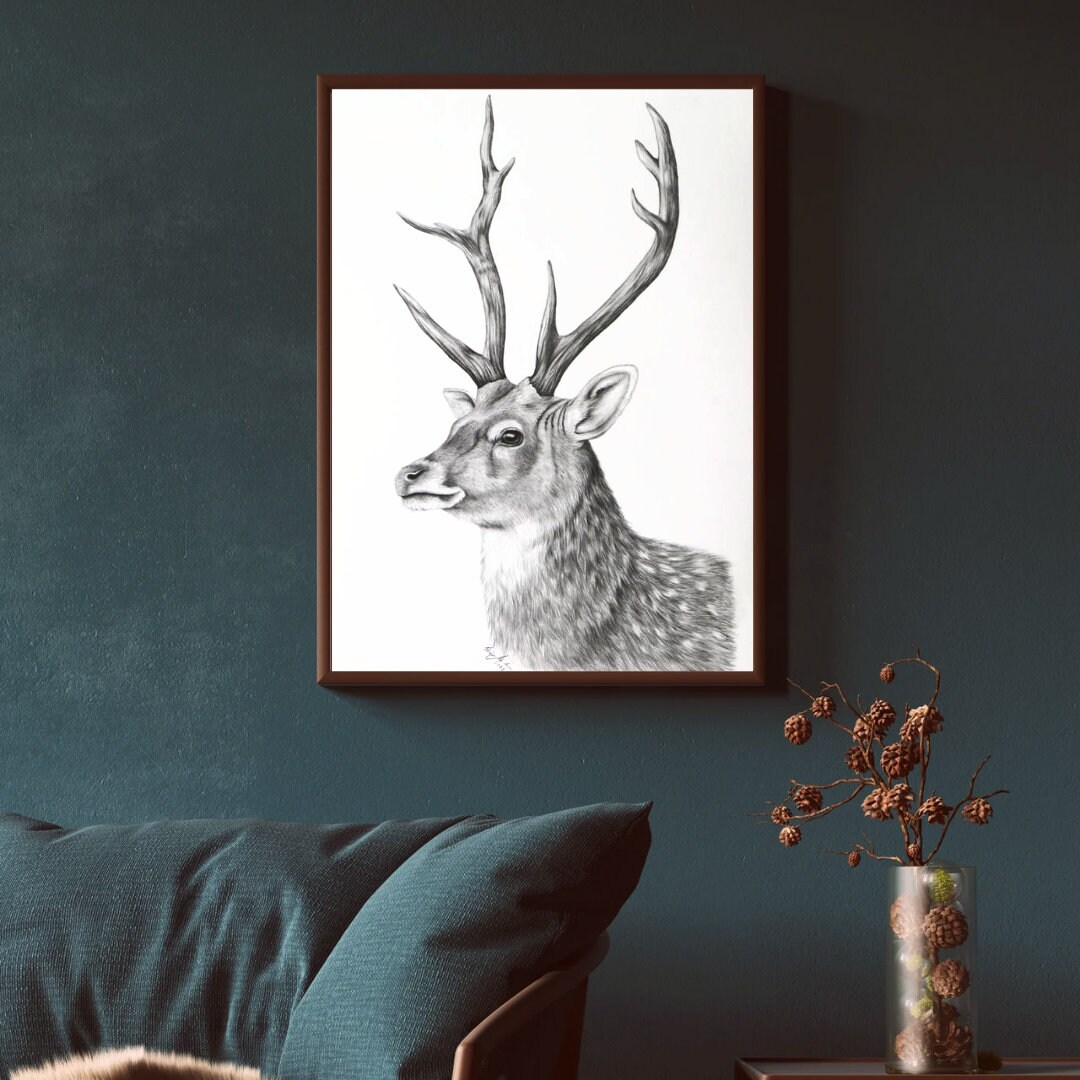Deer Graphite Pencil Drawing - Sika Deer Portrait Realistic Art - Fine ...