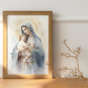 The Virgin Mary Holding Baby Jesus, Watercolor Print on Paper ...