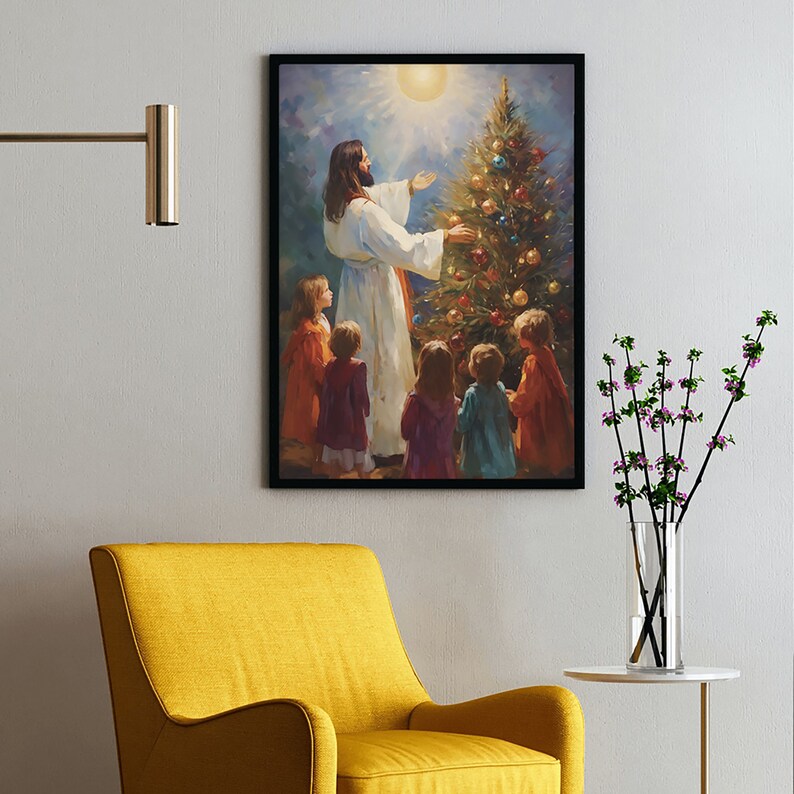 Jesus Christ and Children Decorating a Christmas Tree Holiday Painting ...