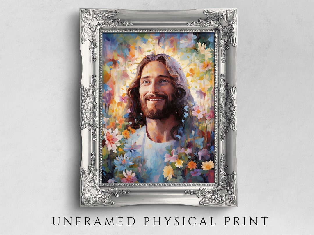 Smiling Jesus Christ Art Print on Paper: Floral Christian Home Decor - Etsy